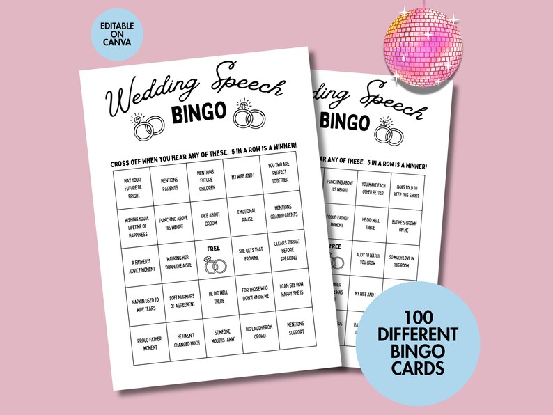 Wedding Speech Bingo Reception Game, Interactive Party Activity ...