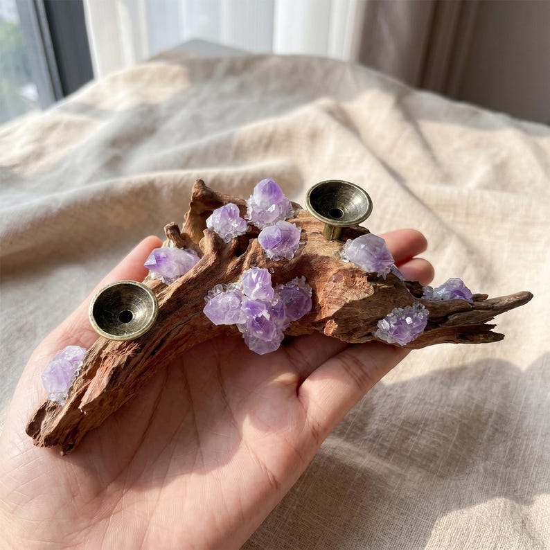 Driftwood Crystal Sphere Stand, Natural Wood Ball Holder, Raw Amethyst ...
