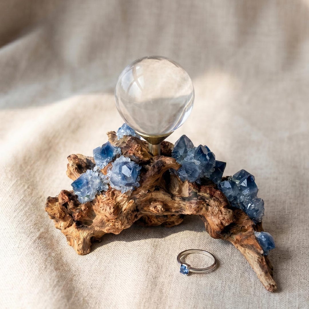 Driftwood Crystal Sphere Stand, Natural Wood Ball Holder, Raw Amethyst ...