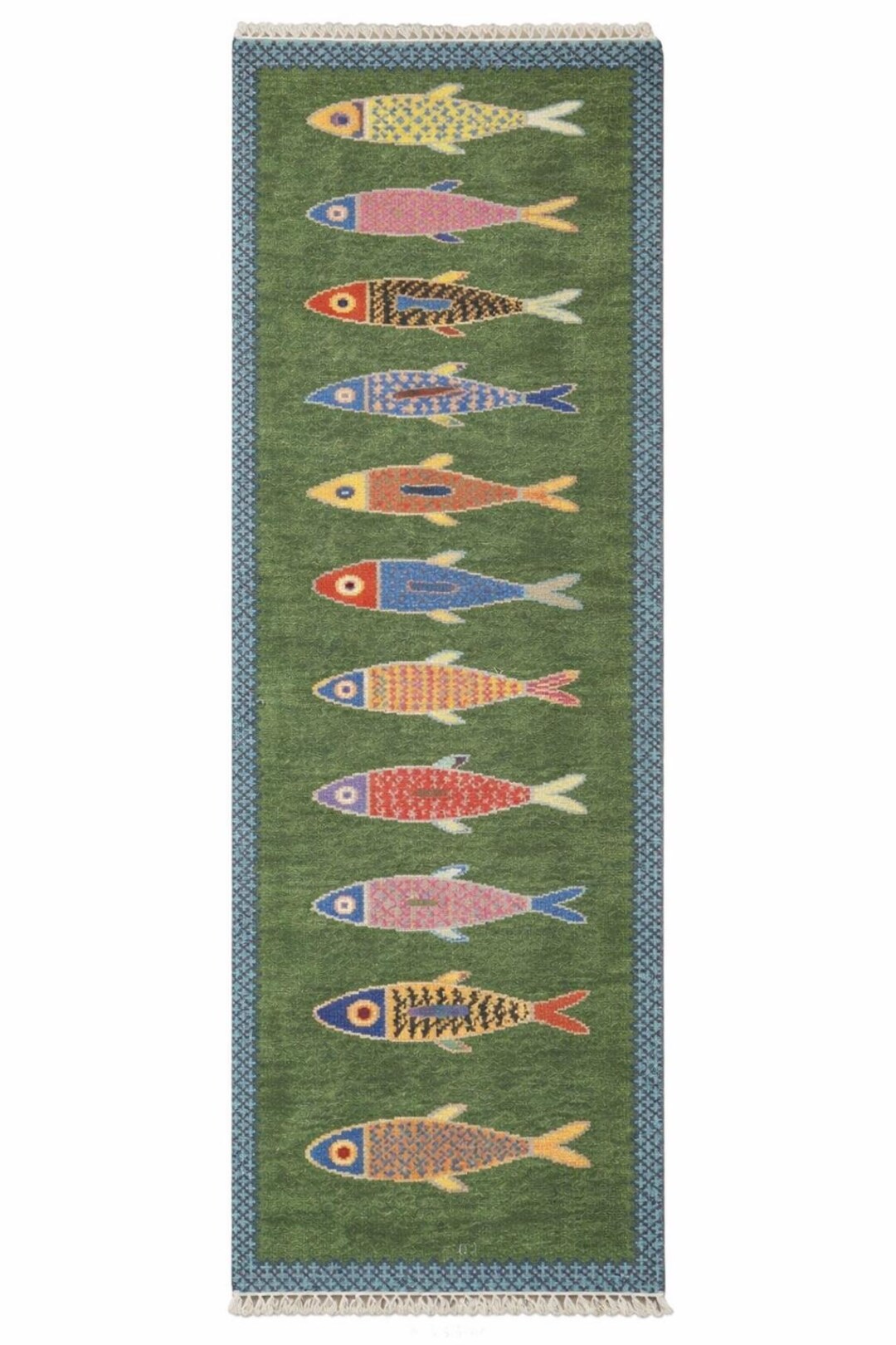 Hand Knotted Multi Fish Runner Rug, Luxury Wool Hallway Carpet, Elegant ...