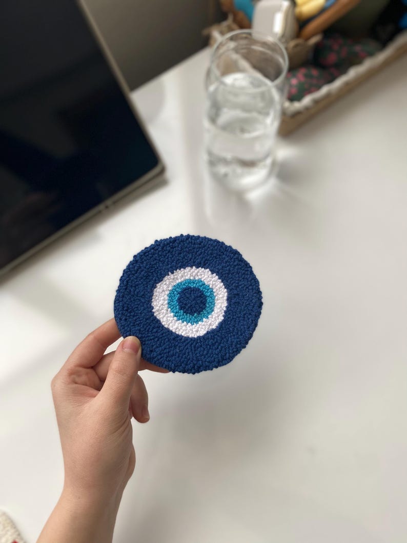 Handmade Punch Needle Coaster, Evil Eye Smiley Face Drink Rug, Desk ...