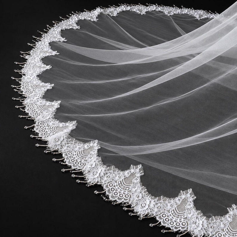 Lace Wedding Veil Cathedral Wedding Veil Beaded Floral Edge Two Tier ...