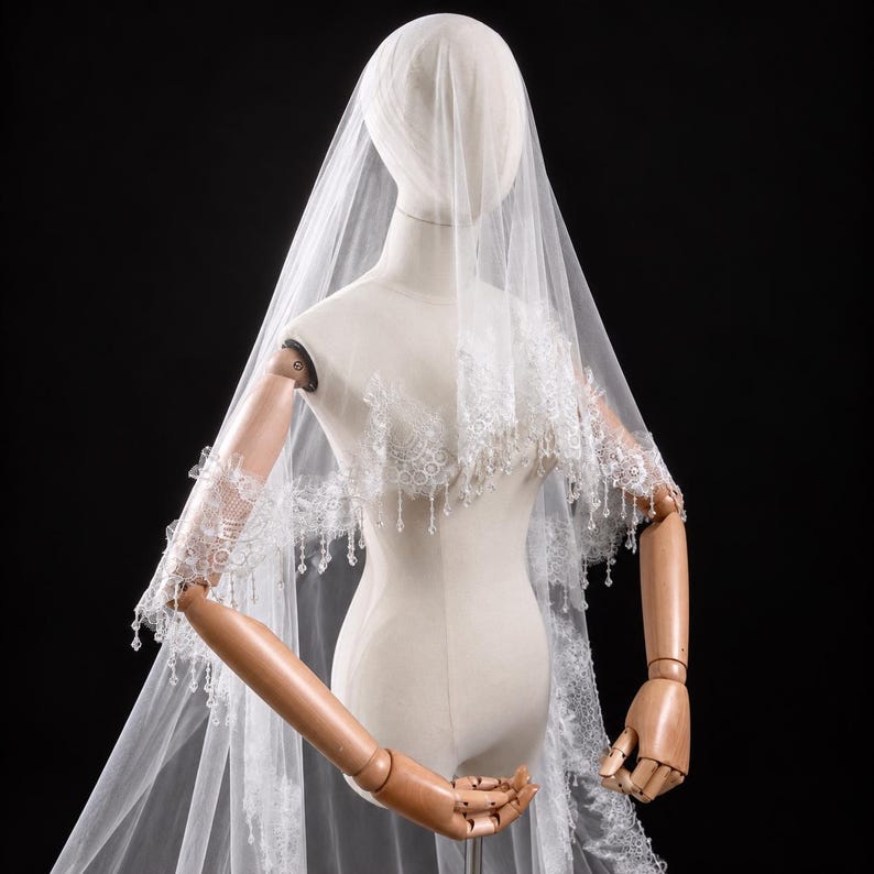 Lace Wedding Veil Cathedral Wedding Veil Beaded Floral Edge Two Tier ...