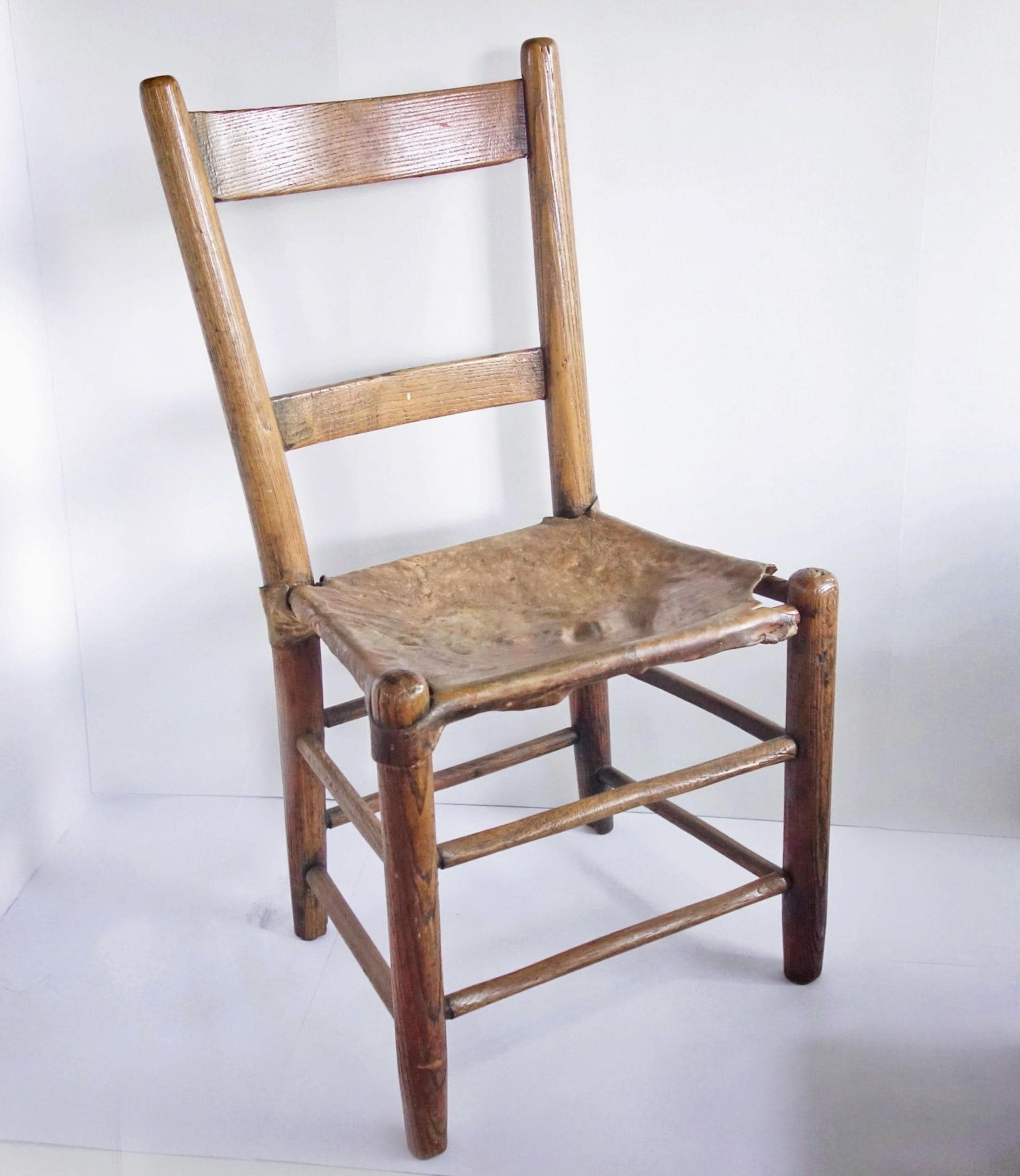 Antique Ladder Back Chair: Rustic Oak & Rawhide Seat, Cabin Decor - Etsy