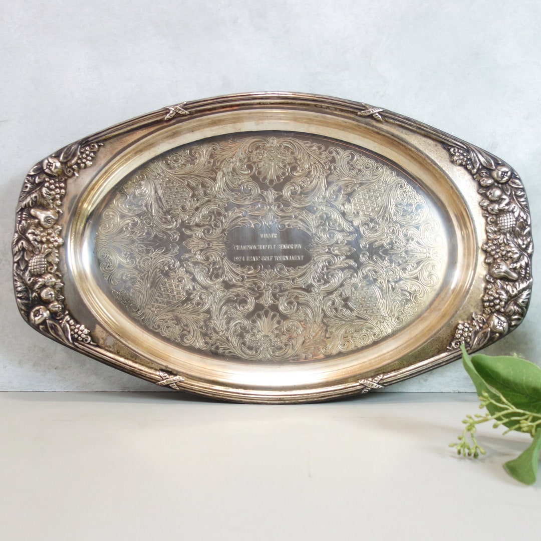Vintage Silver Plate Engraved Tray, Chased Oval Tray Trophy, Silver ...