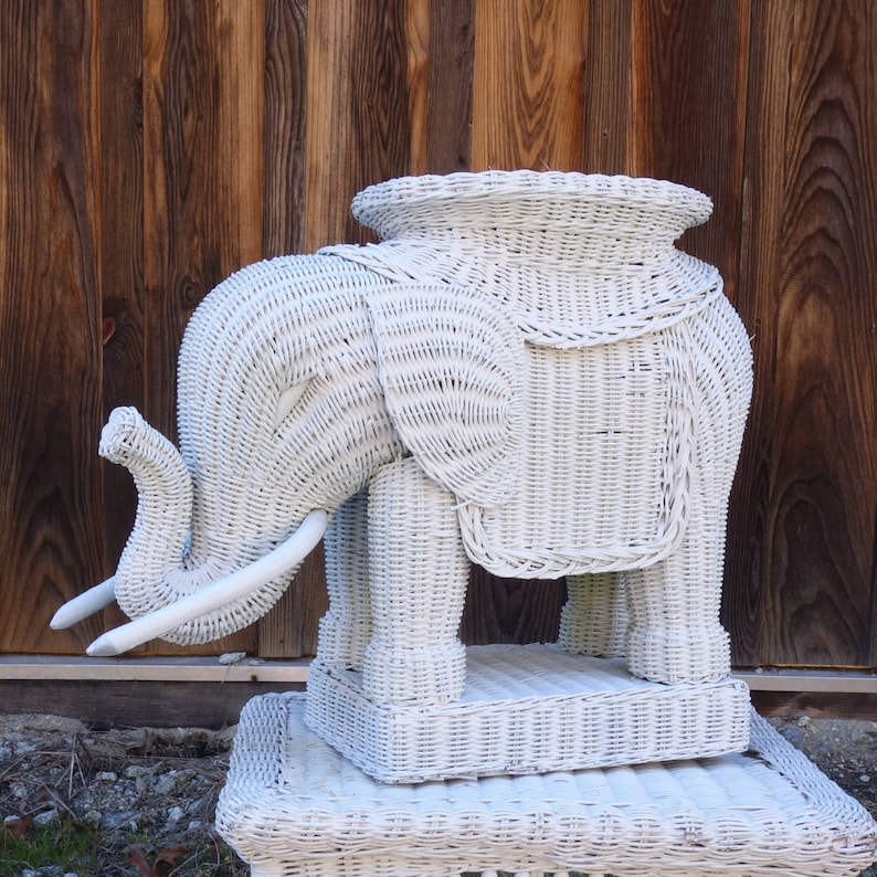 Wicker Elephant Side Table White Woven Plant Stand Boho - Etsy