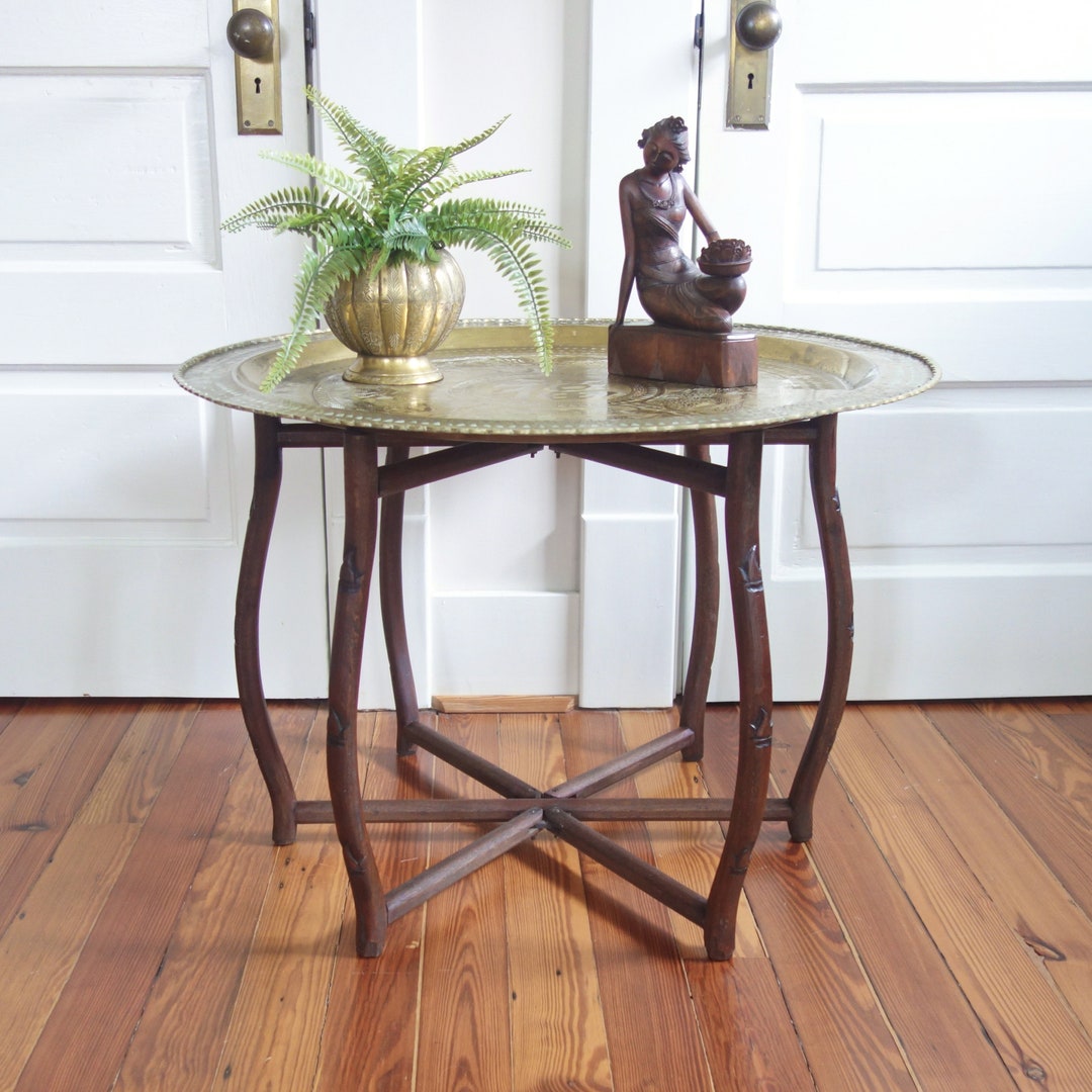 Mid Century Large Brass Tray Table With Wooden Folding Stand, Chinese ...
