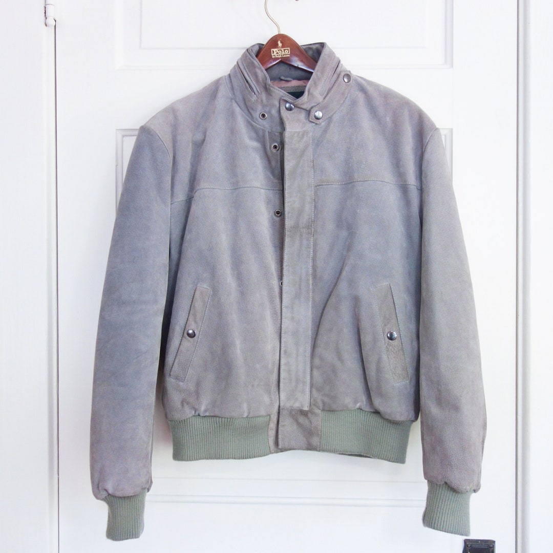 Retro Suede Leather Bomber Jacket, Vintage 1980's Gray Men Women Unisex ...