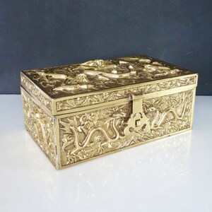 Large Gilt Bronze Dragon Box, Flaming Pearl, Asian High Relief Design ...