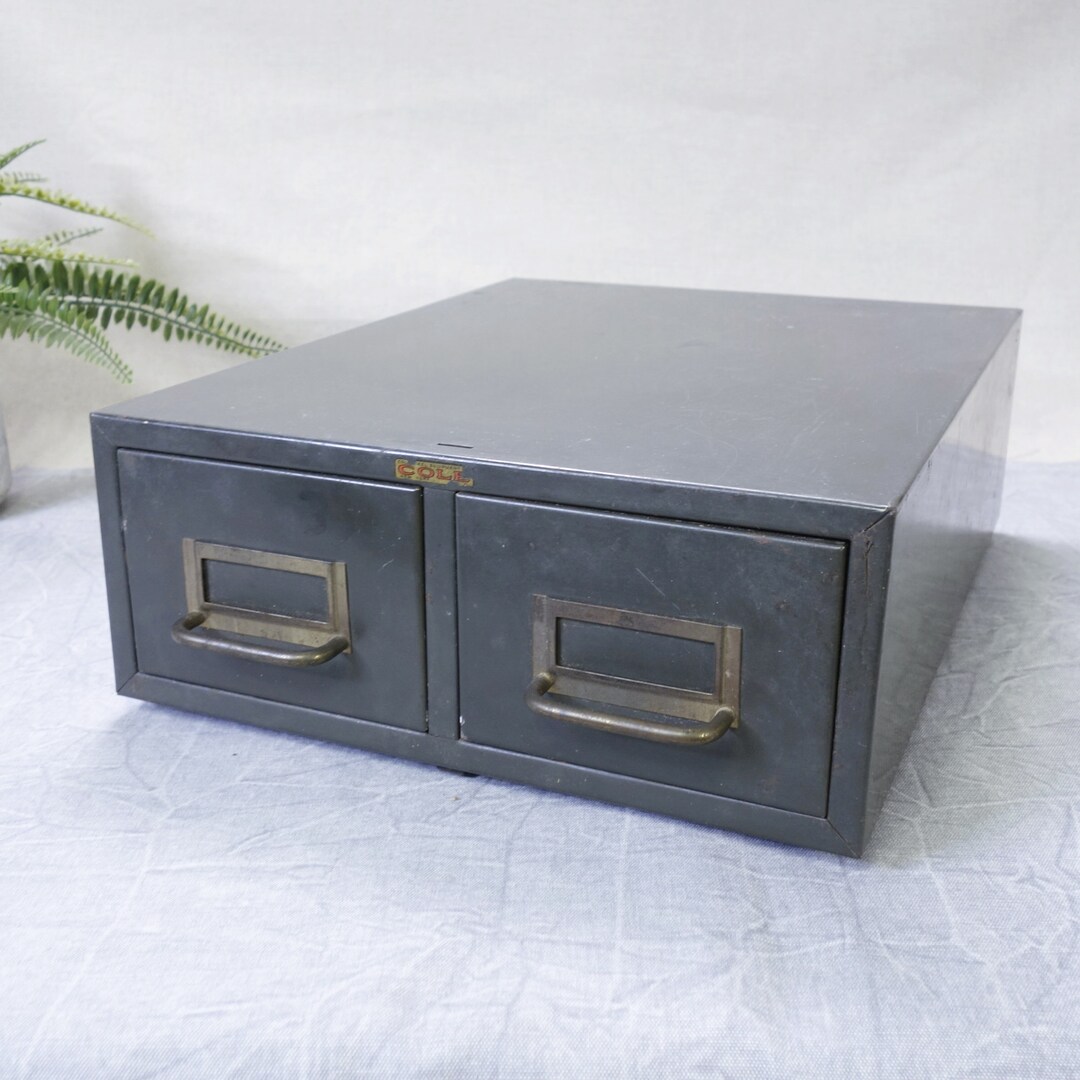 Industrial Metal Card File Box, Gray Two Drawer, Cole Vintage ...