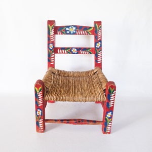 Vintage Mexican Folk Art Child's Chair, Children's Red Handpainted Wood ...