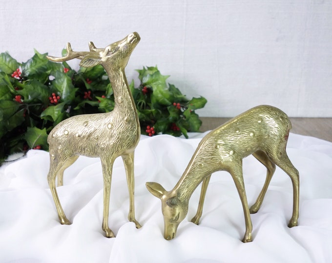 Large Vintage Mid Century Brass Deer, 10 Inch Buck and Doe, Retro ...