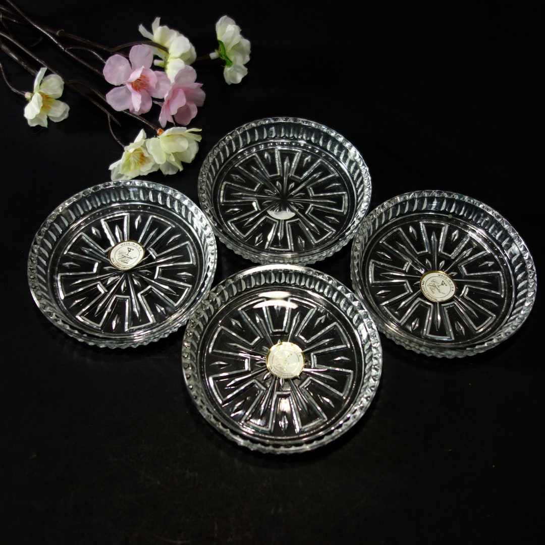 Vintage Crystal Coaster Set, Greek Key, Retro Barware, Bar Cart Decor ...