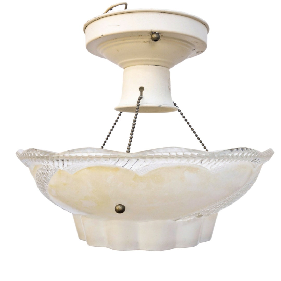 Art Deco Three Chain Light Fixture, Glass Shade, Beaded Chain, Vintage ...