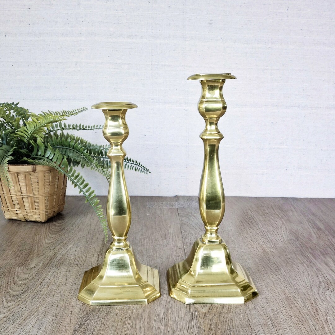 Vintage Pair Large Brass Candlestick Holders, Tall Brass Candle 12 ...