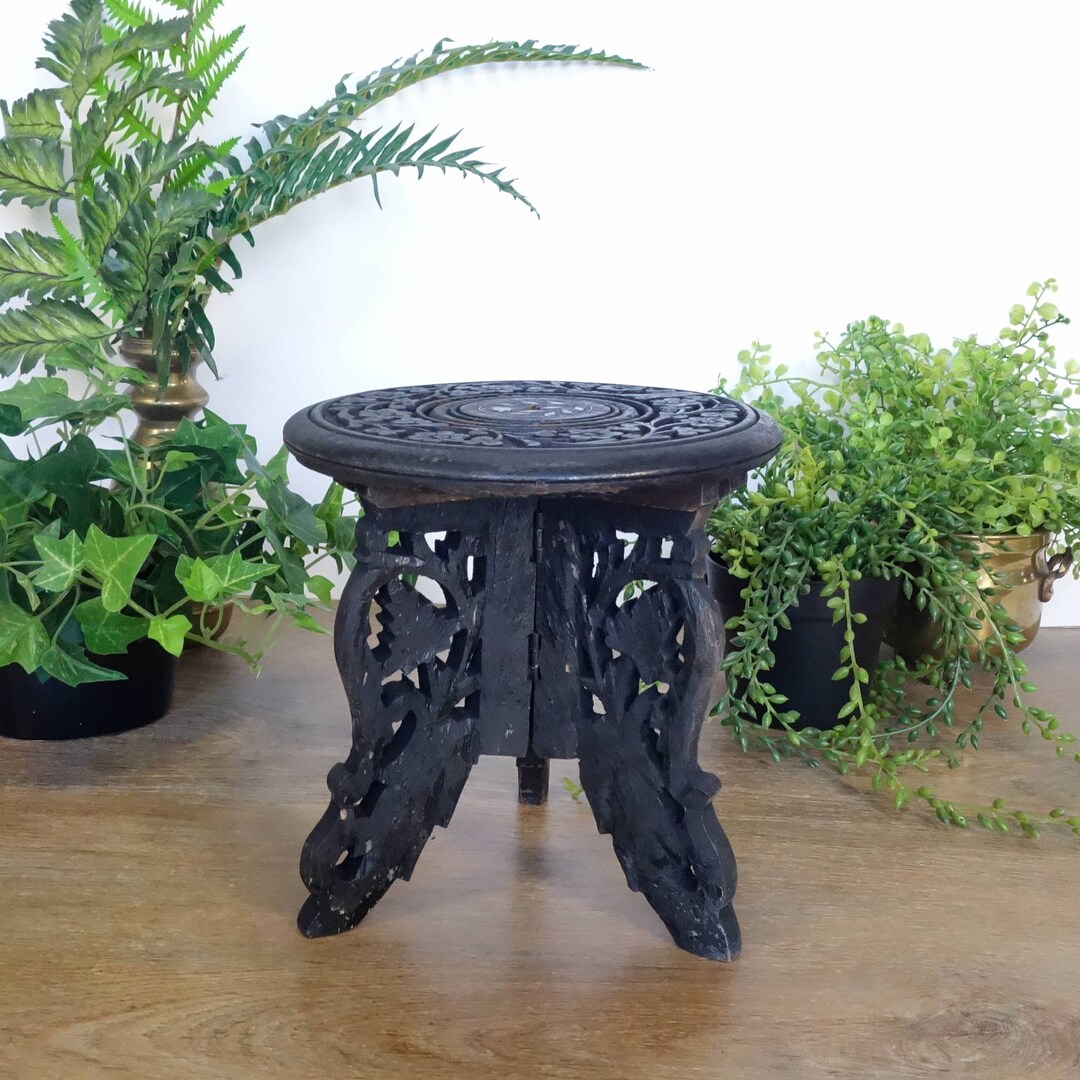 Carved Wood Folding Plant Stand, Vintage Boho Bohemian Riser ...