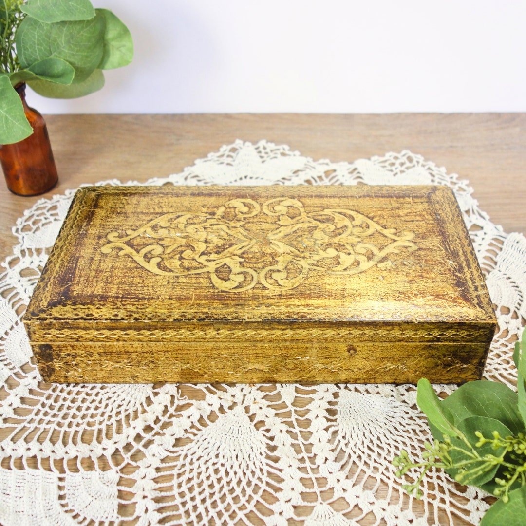 Vintage Florentine Gilt Wood Box, Large Trinket Box, Hinged Lid Glove ...