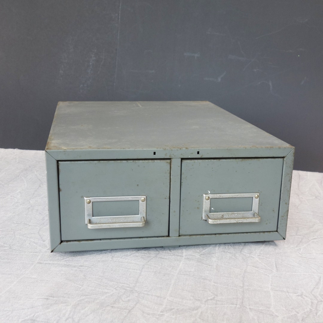 Industrial Metal Card File Box, Gray Two Drawer Stacking, Art Steel ...