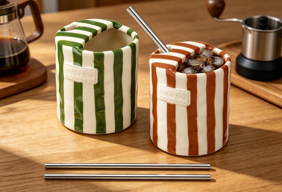 2 Pack Retro Striped Ceramic Coffee Mug 10oz With Sip Hole Straws - Etsy