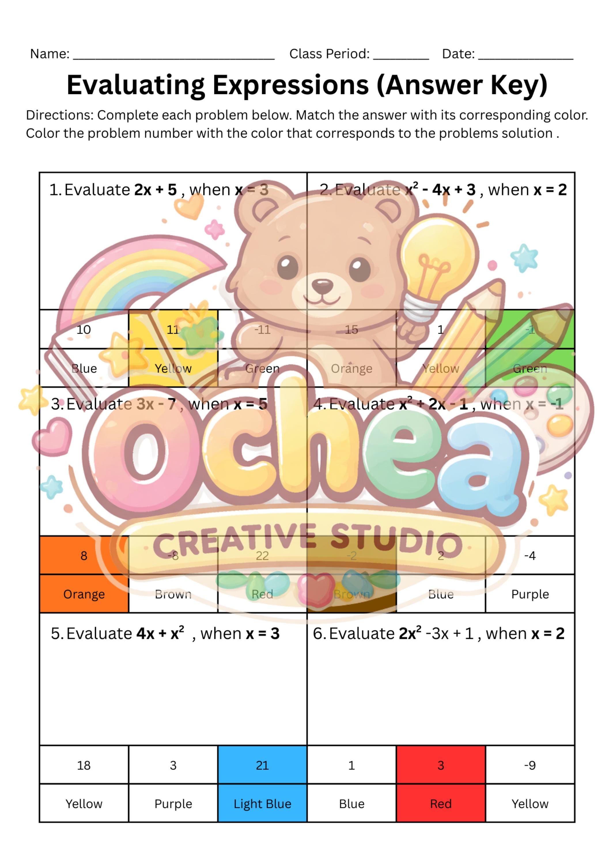 Evaluating Expressions Coloring Worksheet – Fun Math Activity for Your ...