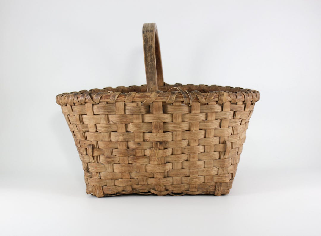 Stunning Antique Thick Wood Splint Market Basket Sturdy Handmade Woven ...