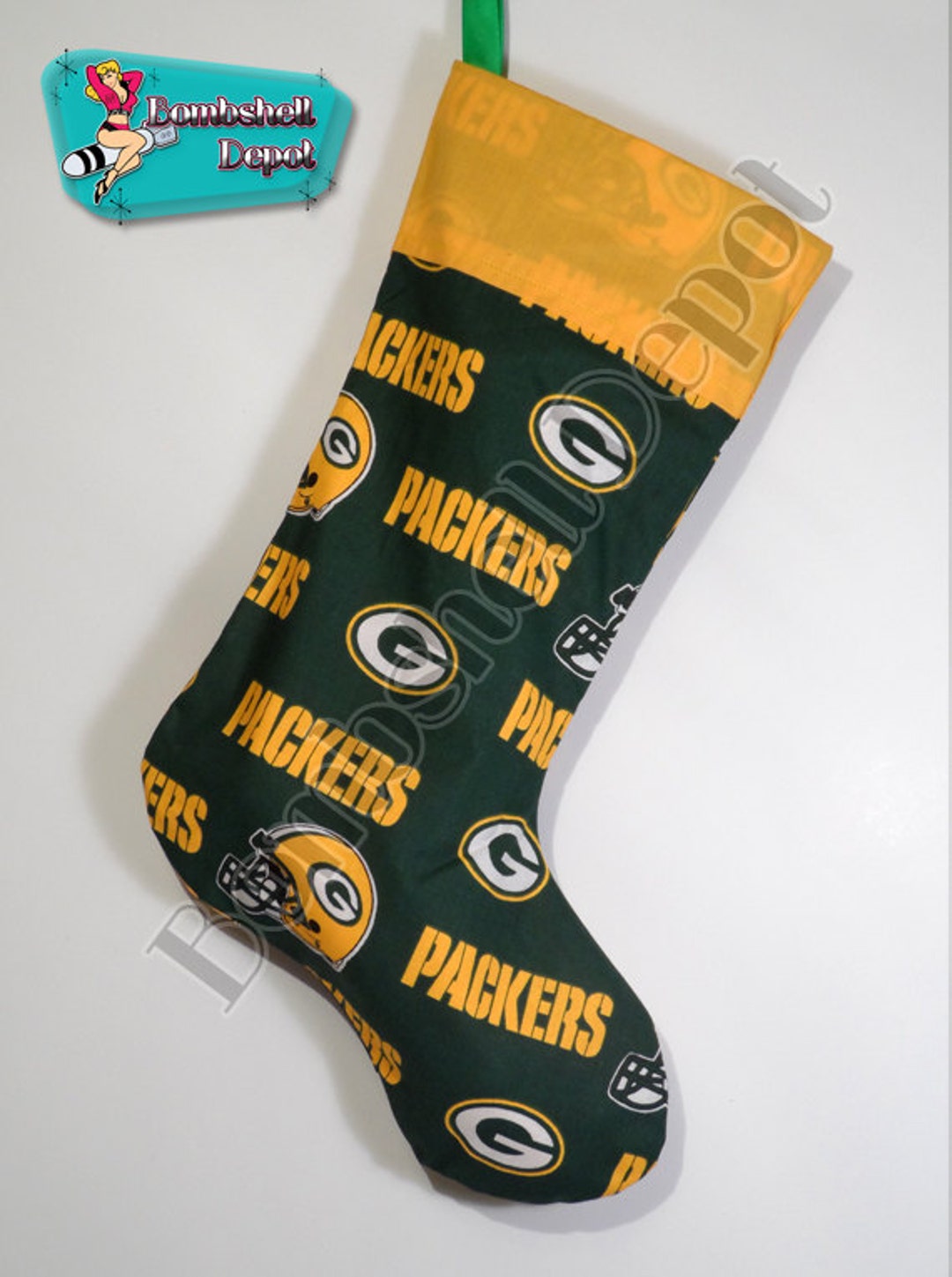 Handmade Greenbay Packers Christmas Stocking Fully Lined W/ Yellow Cuff ...