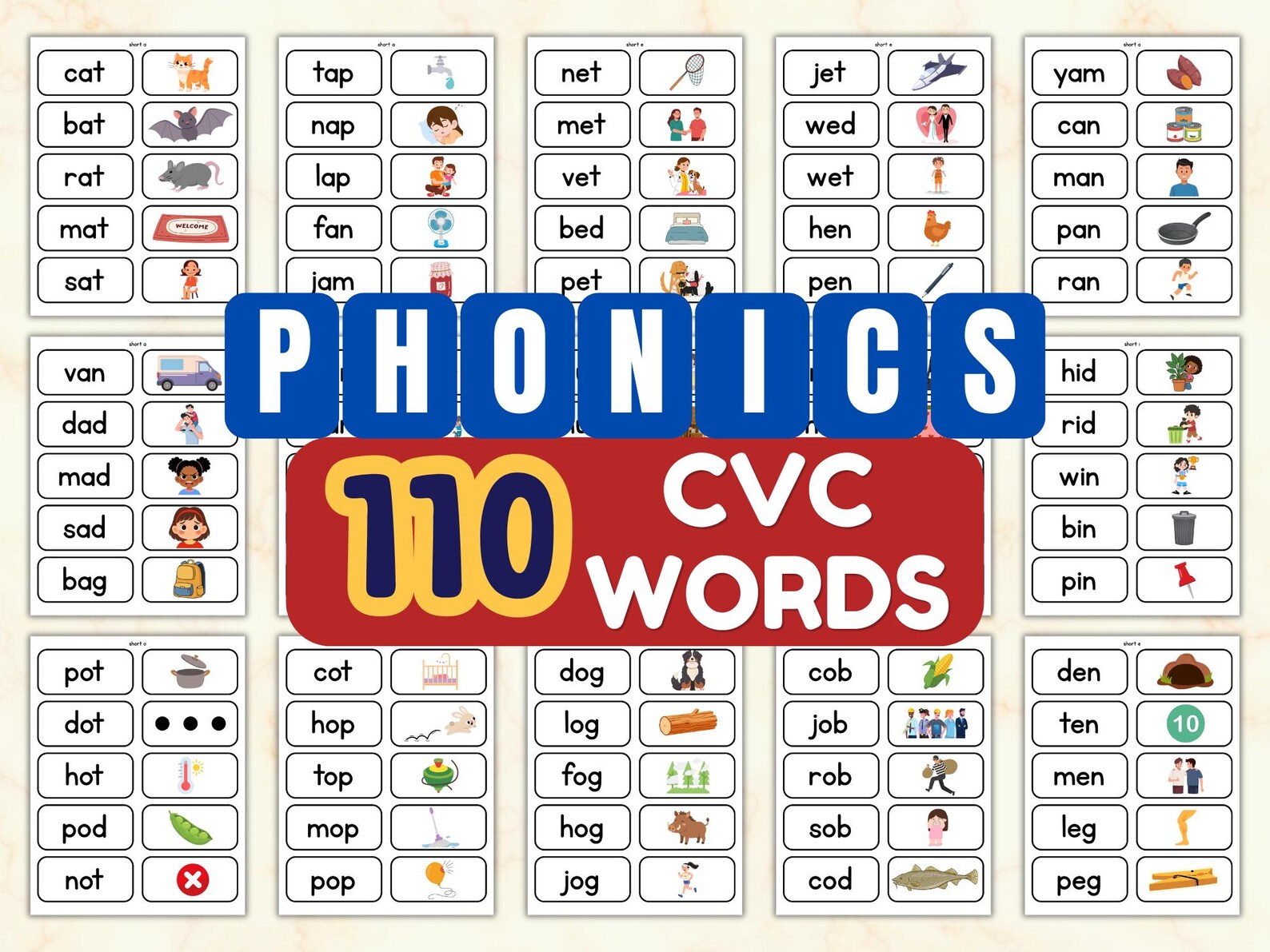 110 CVC Word Flashcards, Phonics Learning Cards, Kindergarten Reading ...