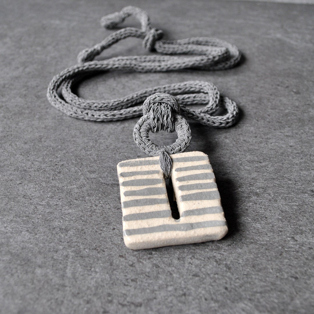 Striped Ceramic Necklace / Silver Necklace With Square Ceramic Pendant ...