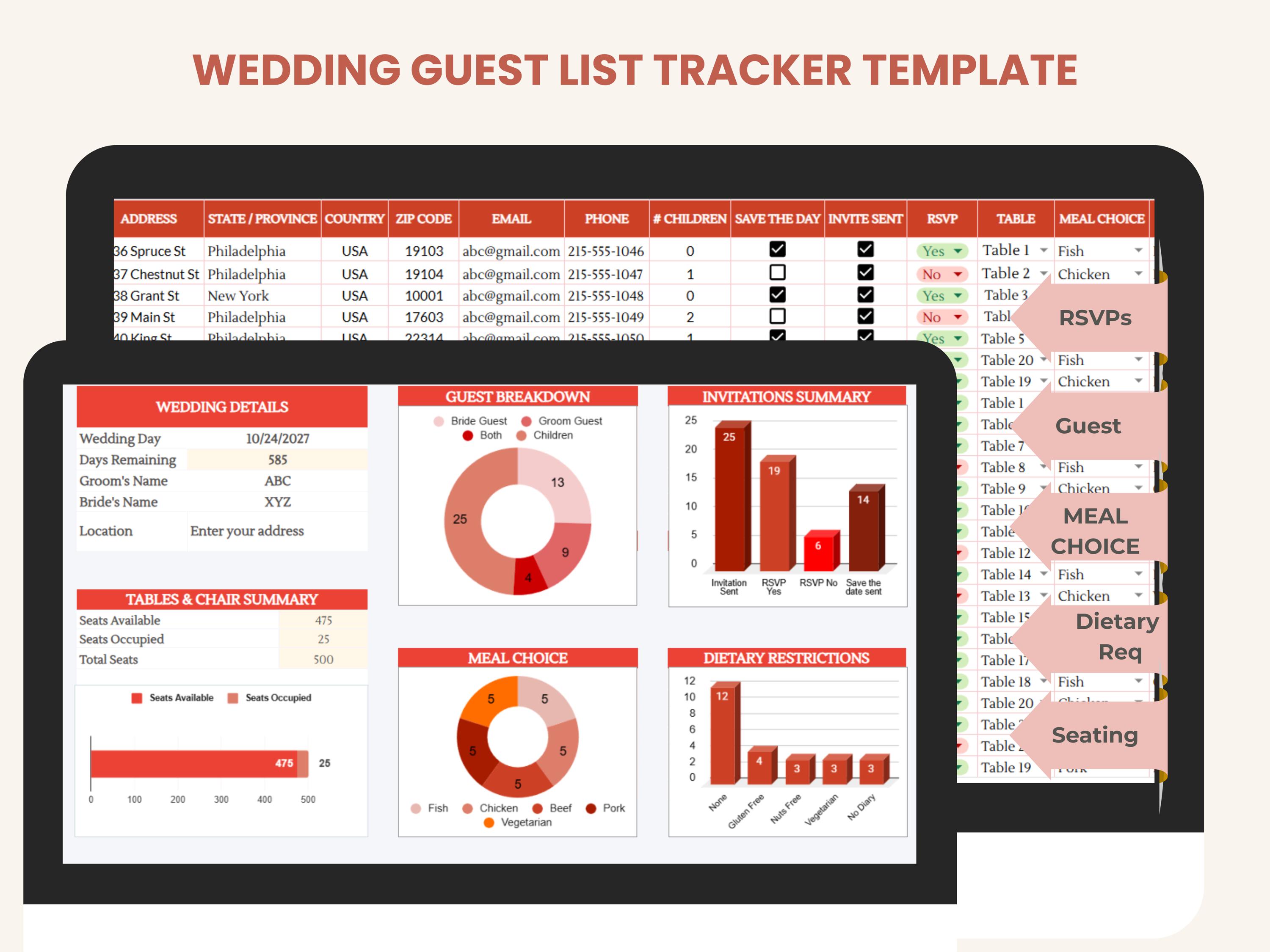 Wedding Guest List Google Sheets Template | RSVP Tracker, Seating Chart ...