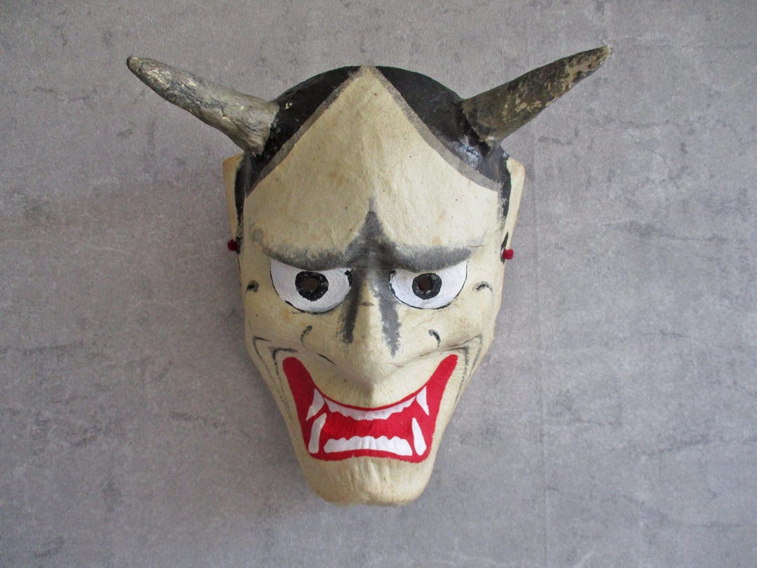 Vintage Japanese Folk Art demon, ONI, Hannya Paper Mache MASK Wall Deco ...