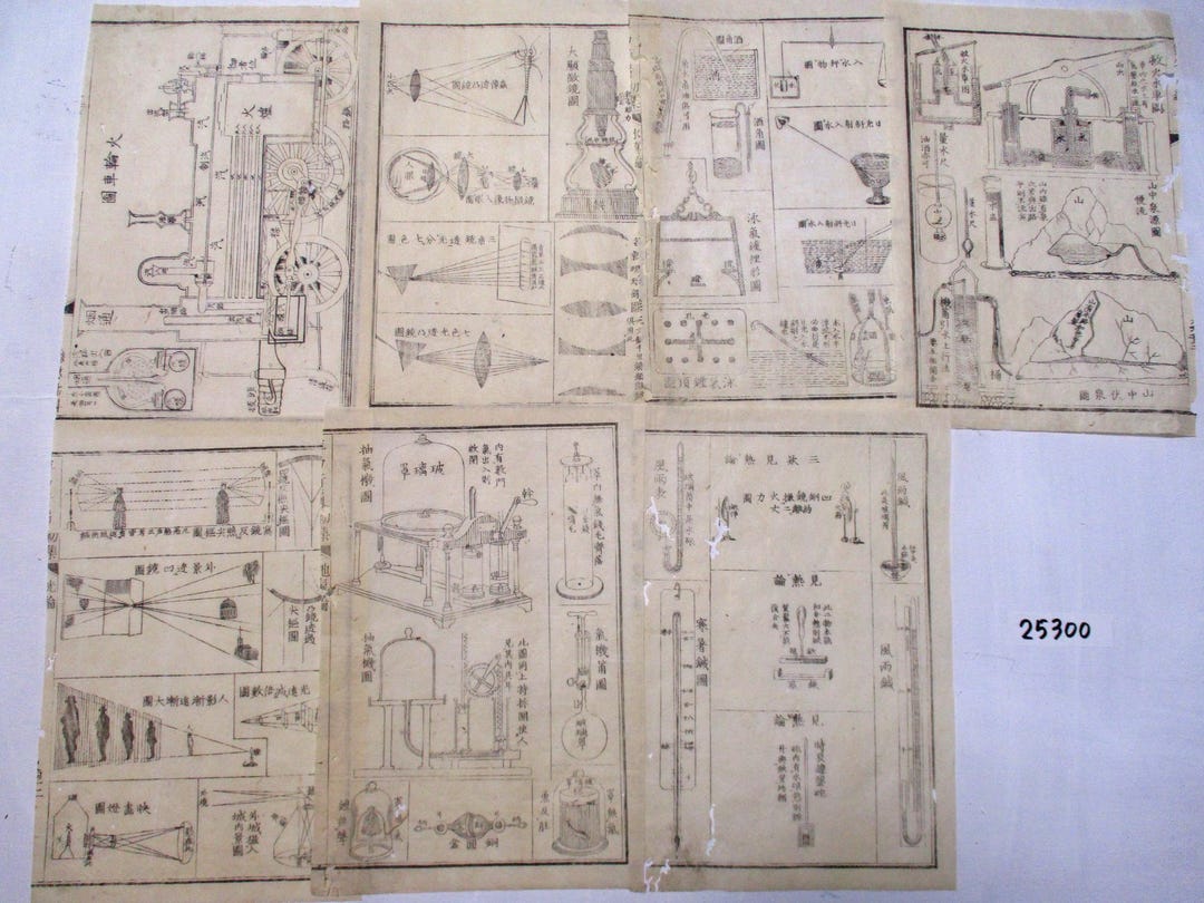 7pages 1900s Antique Japanese WASHI Wood Block Print Science ...