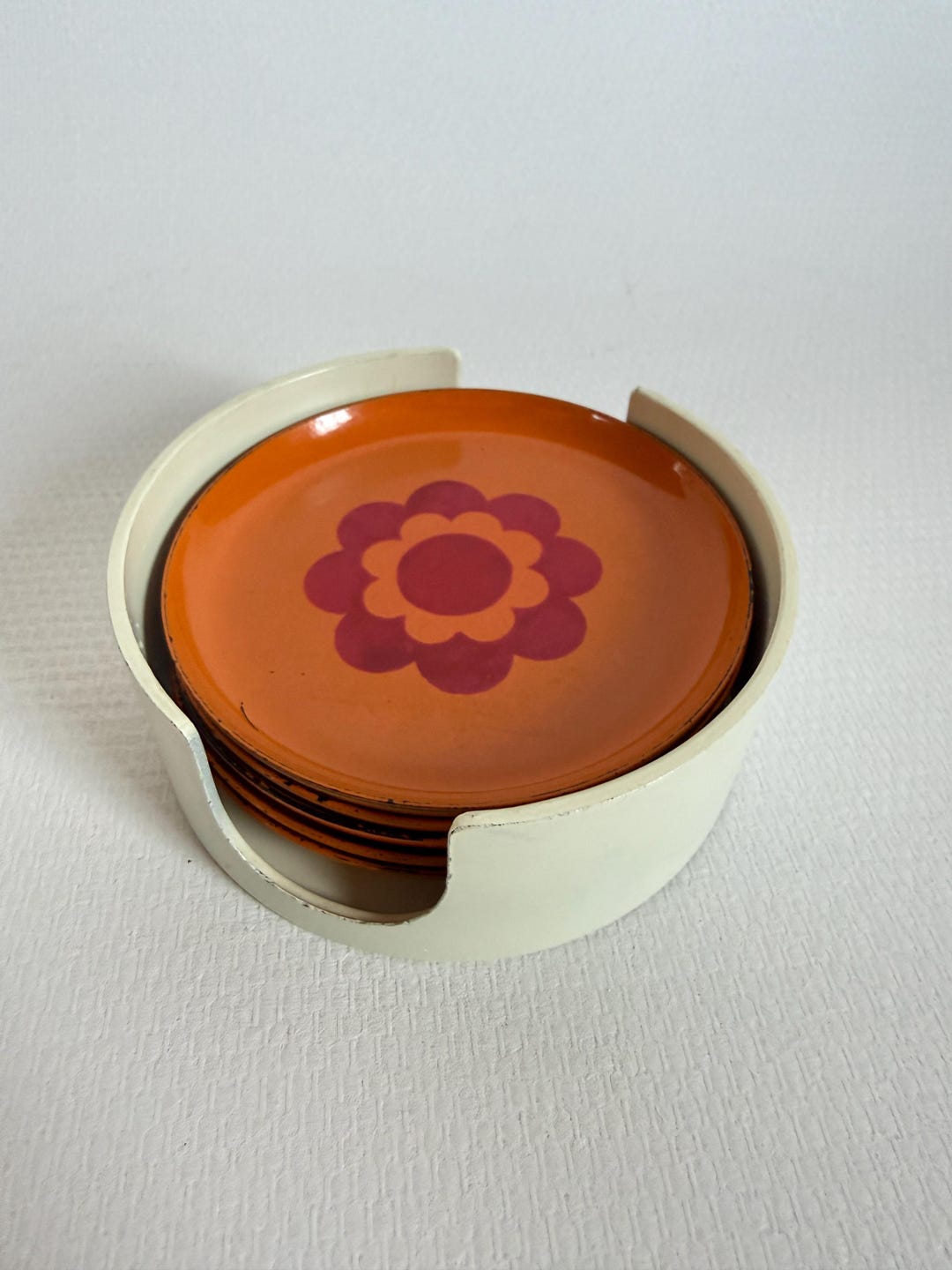 Set of Five Vintage Coasters With Holder – Orange Floral Design – Retro ...