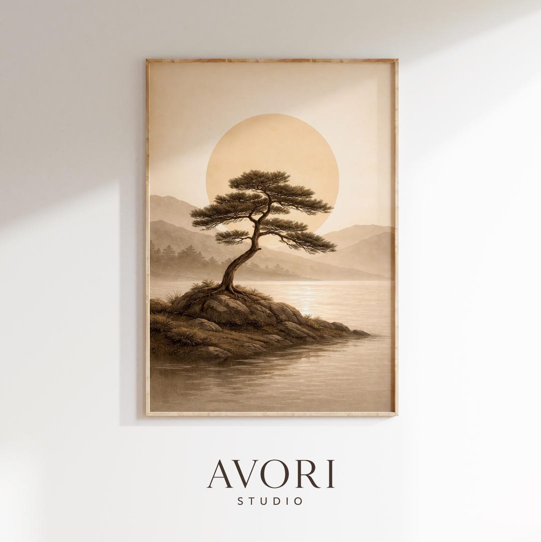 Vintage Pine Tree Landscape Print, Japandi Zen Wall Art, Sepia Sun ...