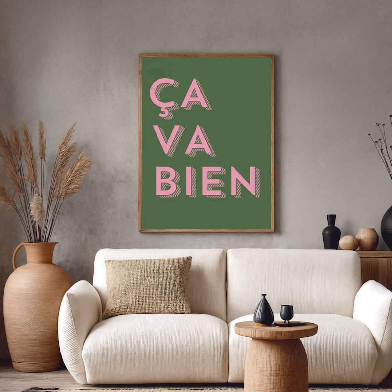 French Ca Va Bien Typographic Wall Art | Pink Green Color Print | 3 ...