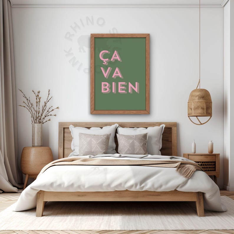 French Ca Va Bien Typographic Wall Art | Pink Green Color Print | 3 ...