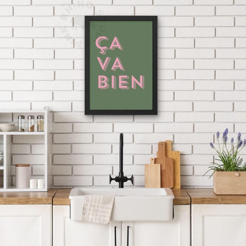 French Ca Va Bien Typographic Wall Art | Pink Green Color Print | 3 ...