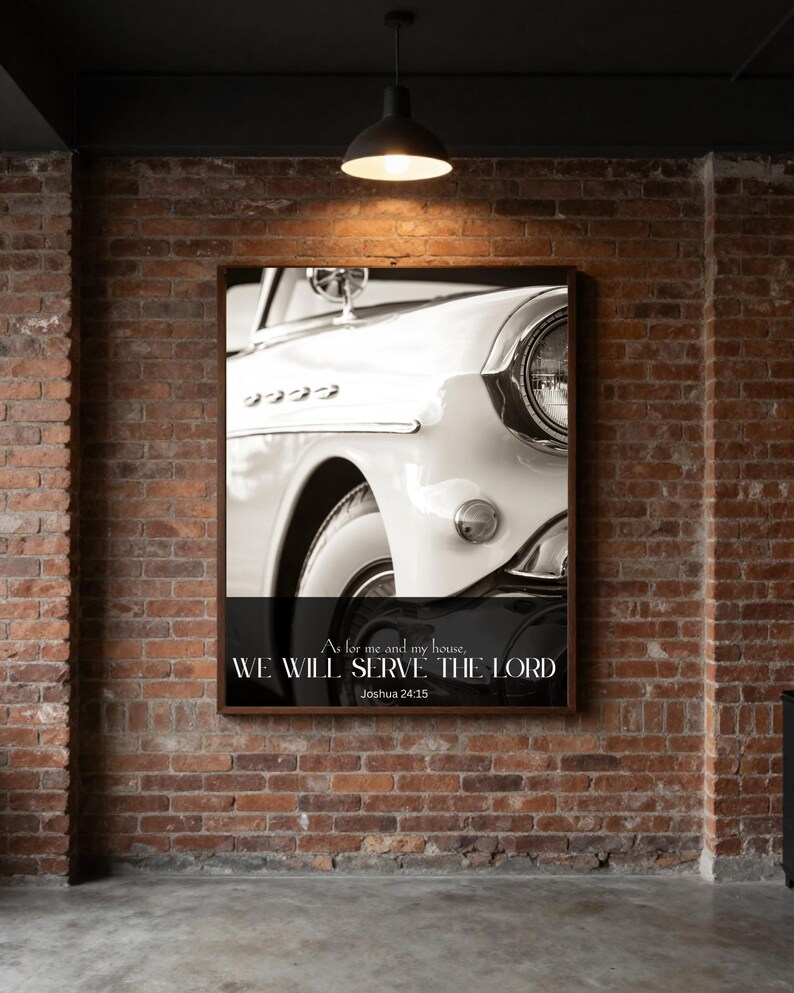 Vintage White Car Art – Joshua 24:15 Bible Verse Print (digital ...