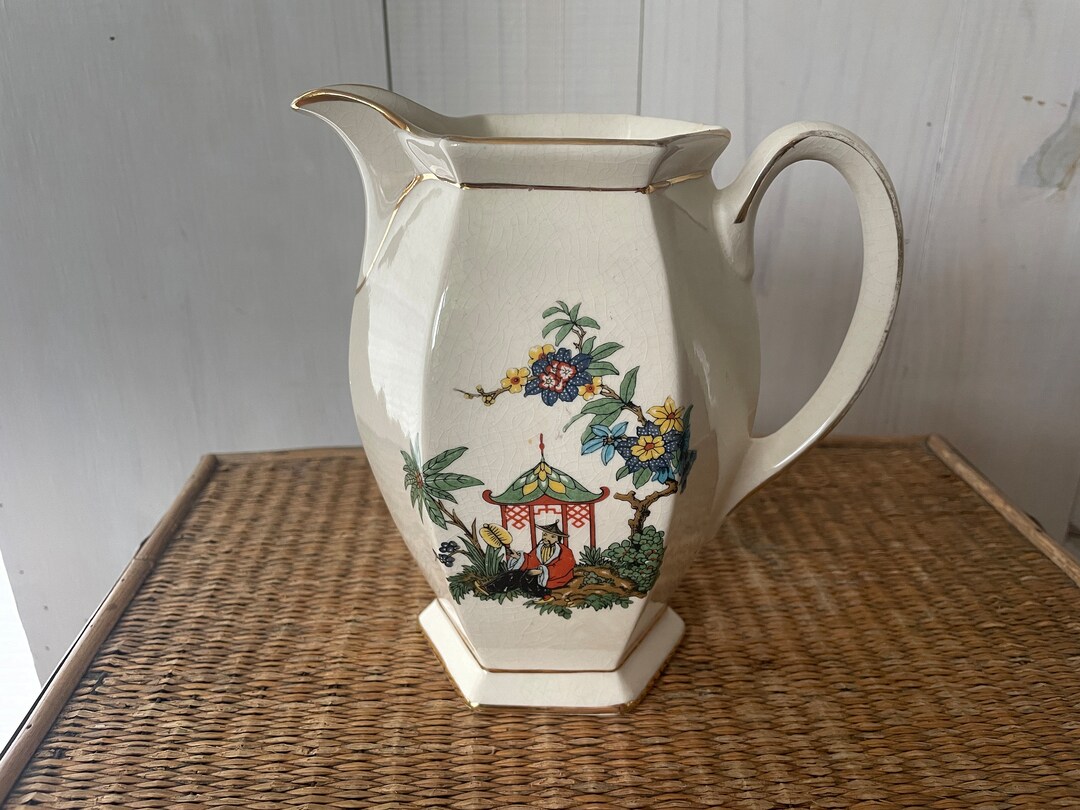 Chinoiserie Pitcher, Pagoda Pitcher, Asian Pitcher, Colorful ...