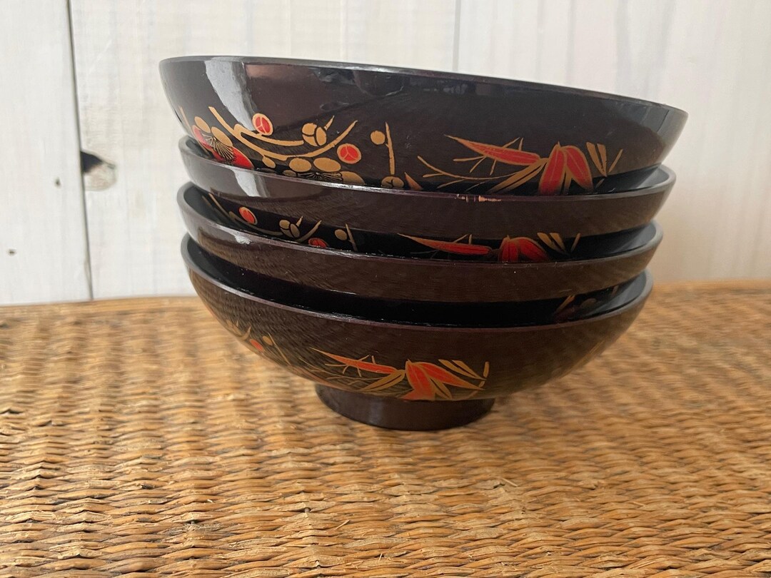 Four Japanese Soup Bowls, Black Melamine Bowls, Asian Soup Bowls, Asian ...