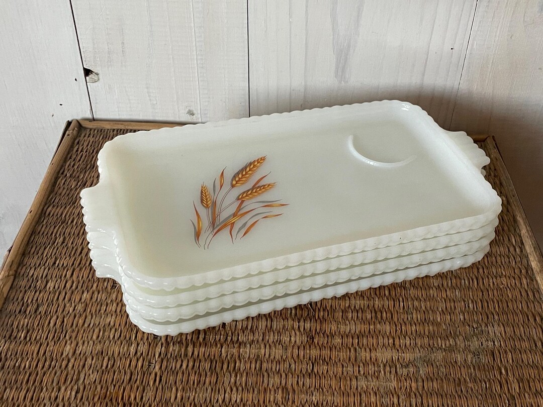 Vintage Fire King Golden Wheat Snack Tray, Milk Glass Snack Trays, Four ...