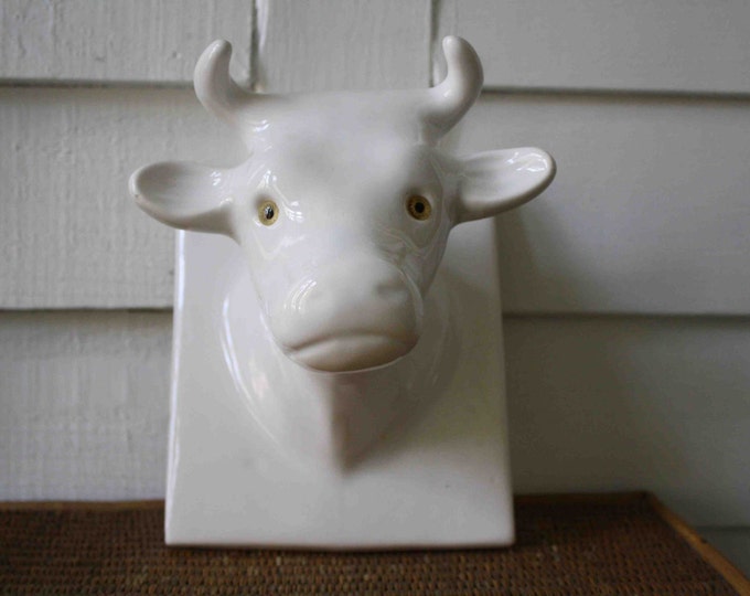 White Ceramic Cow Head, Cow Head, Dish Towel Holder, Farmhouse, Kitchen ...