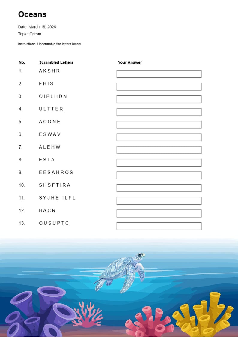 Ocean Word Scramble - Etsy
