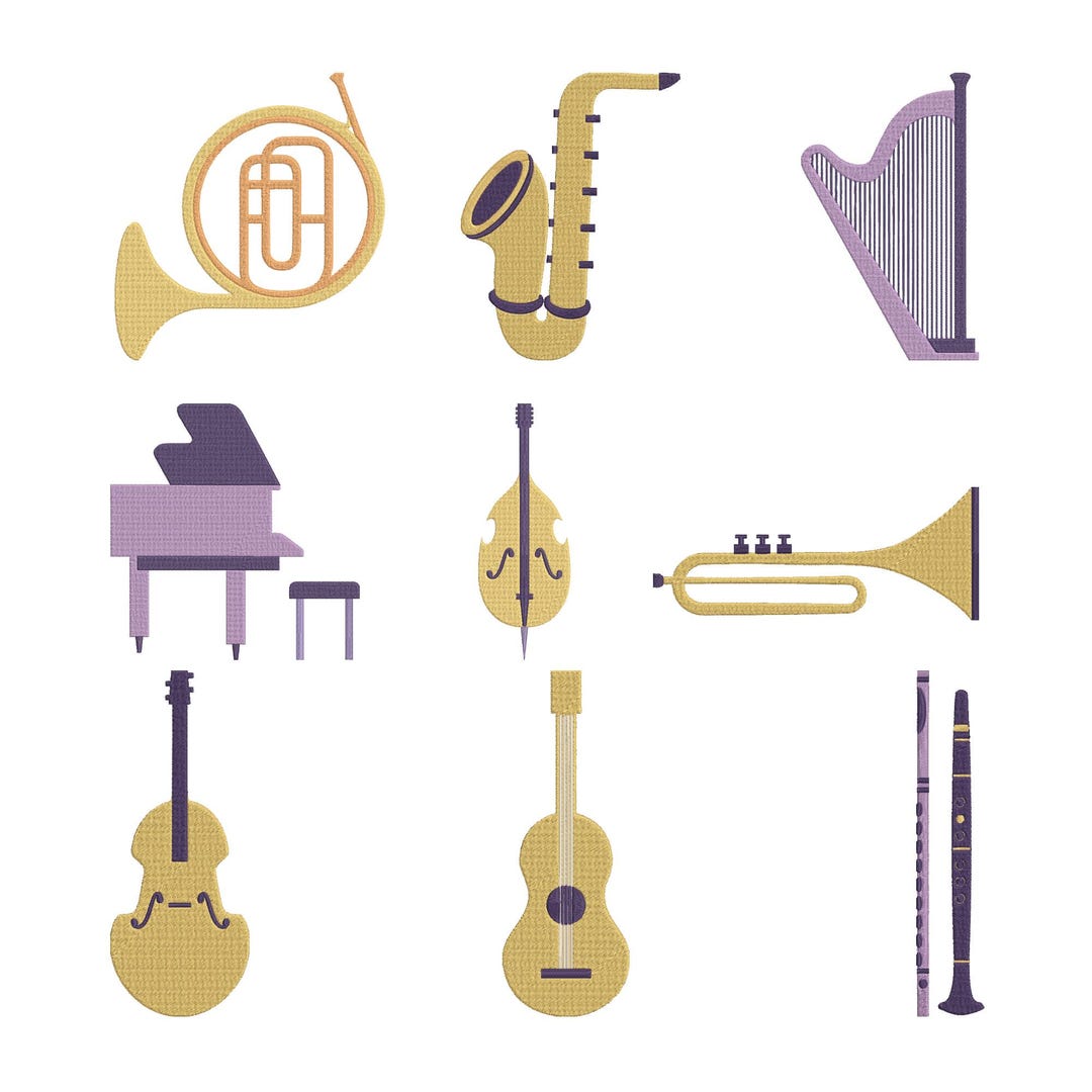 Musical Instruments Embroidery Design Bundle, Piano Guitar Harp Violin ...