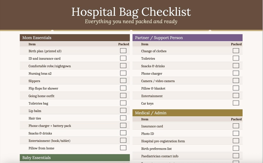 Hospital Bag Checklist PDF | Mom Baby Partner Packing List | Delivery ...