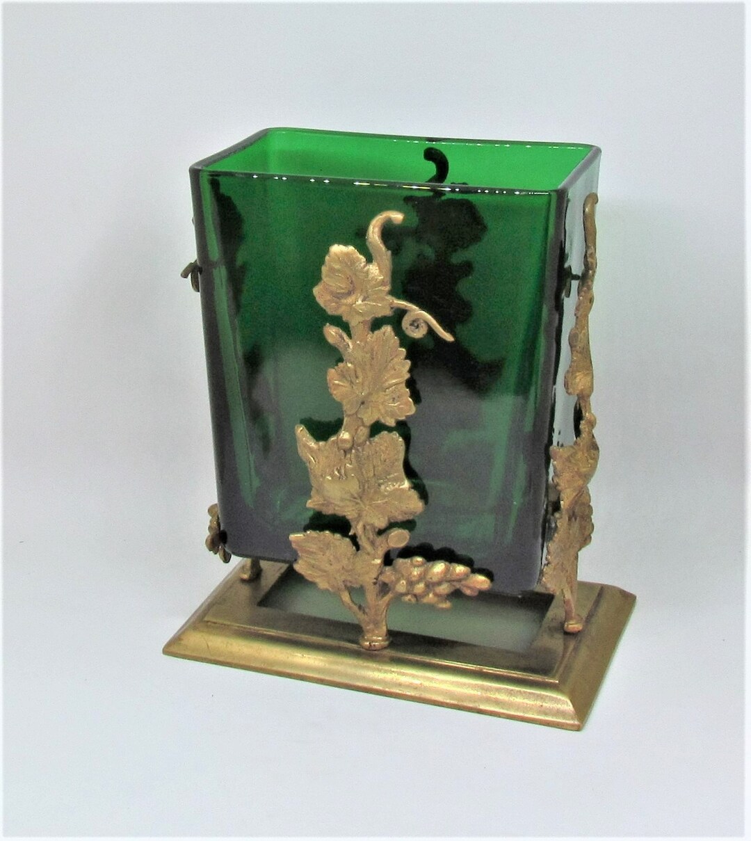Vintage Napco Green Glass Vase in Heavy Brass Holder With Grape Vine ...