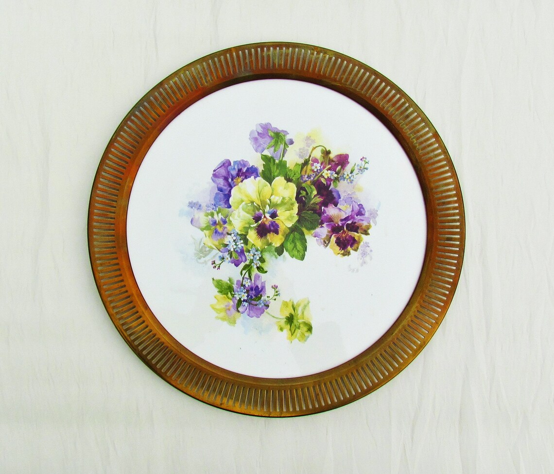 Vintage Tray With Pansies and Brass Frame, Large Ceramic Hanging Plaque ...
