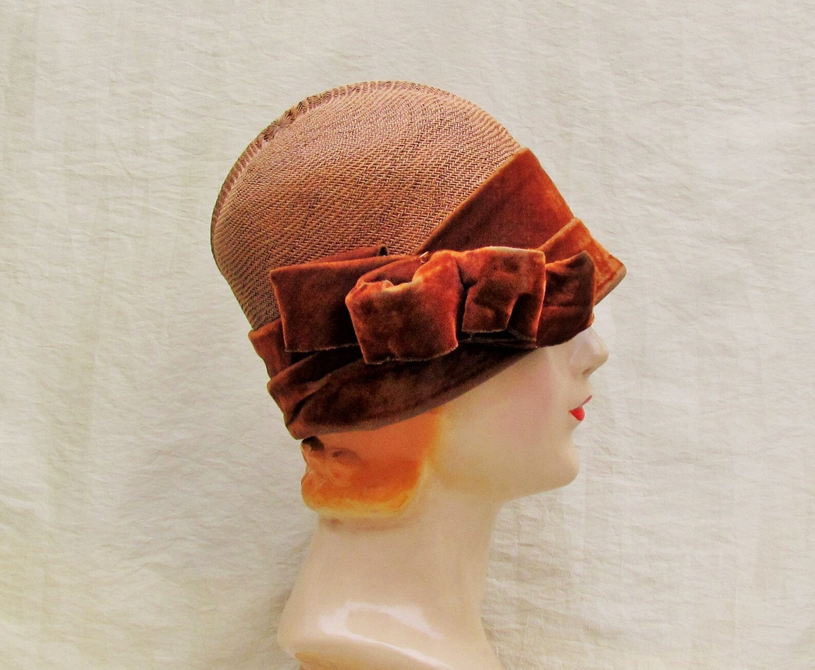 1920's Straw Cloche With Velvet Trim, Brown Finely Woven Straw Hat With ...