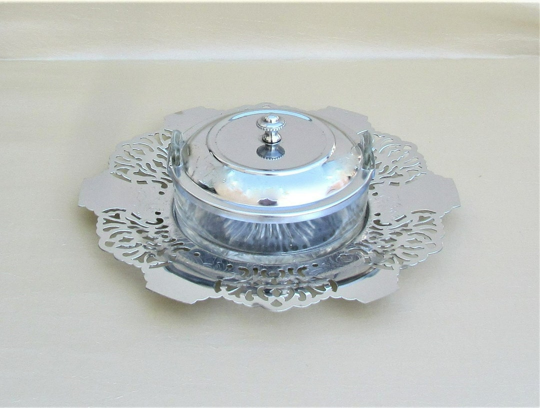 Chrome Serving Set With Pierced Underplate and Glass Insert With Lid - Etsy