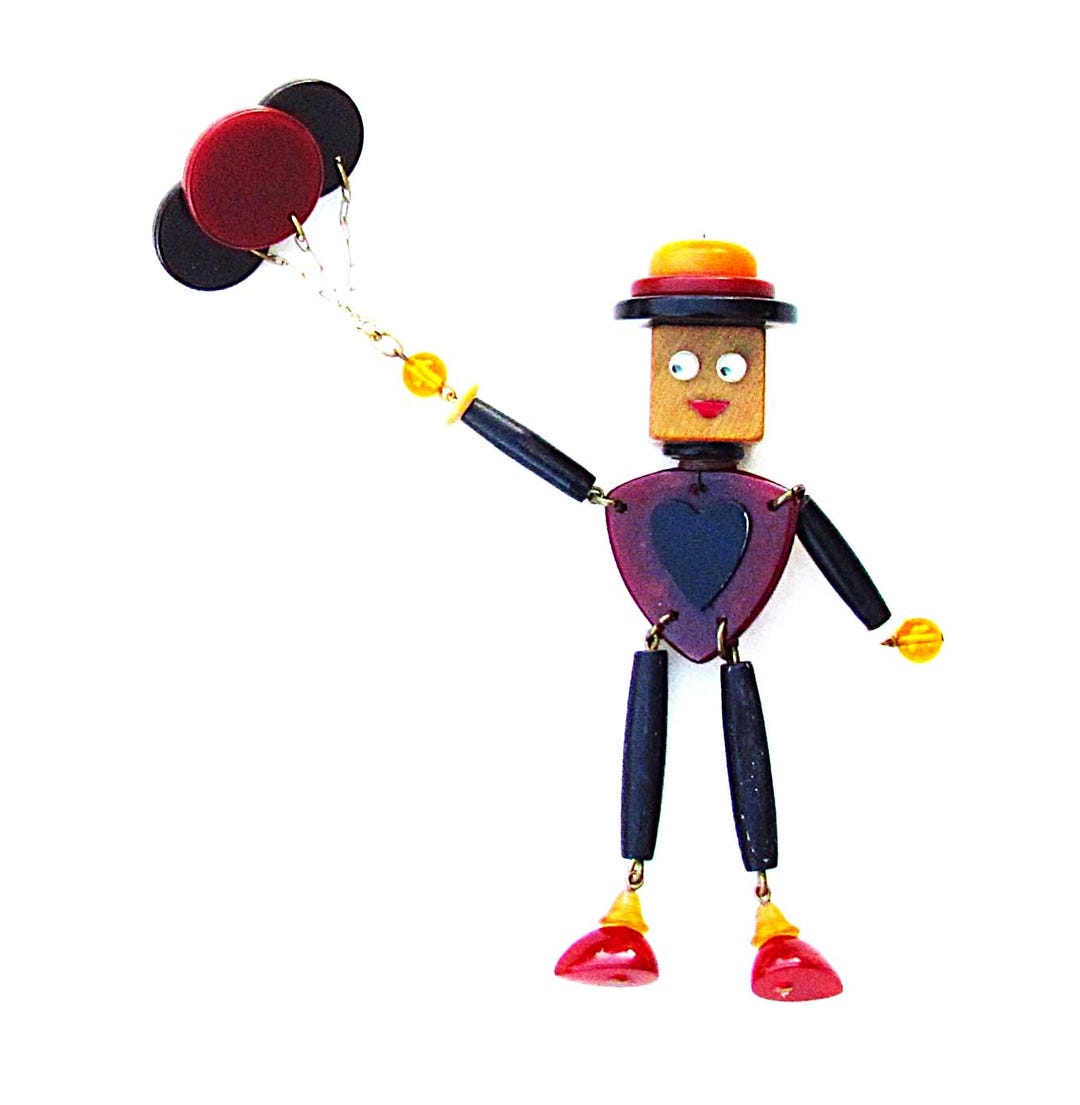 Jan Carlin Balloon Man Bakelite and Wood Brooch, crib Toy Figural Large ...