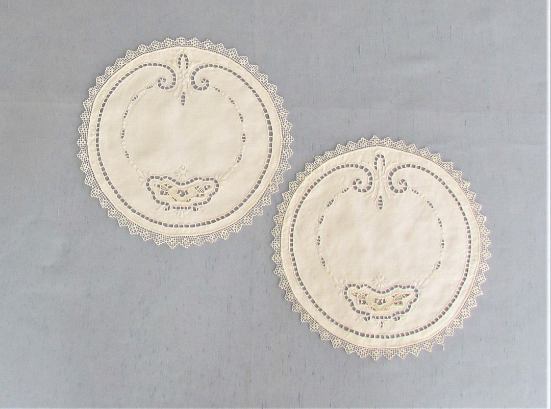 Set of 2 Lace Trimmed Linen Doilies With Cutwork and Embroidery - Etsy